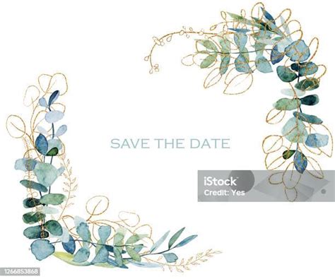 수채화와 황금 유칼립투스 가지와 템플릿 엽서 흰색 배경에 손으로 그린 그림 초대 카드 장식 결혼식 디자인 인사말 카드 수채화에 대한 스톡 벡터 아트 및 기타 이미지 Istock