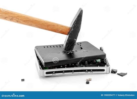 Hammer Smashing Internet Modem Router To Pieces On A White Background Close Up A Day Without