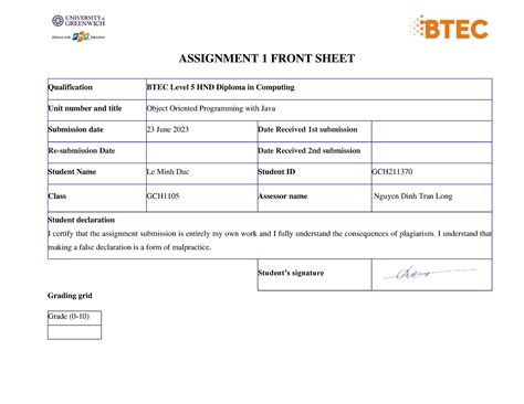ASM JAVA P Grade ASSIGNMENT 1 FRONT SHEET Qualification BTEC Level 5