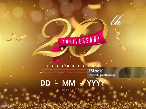 금 배경에 20 년 기념일 로고 템플릿입니다 레드 리본 20 축 하 하는 황금 번호 벡터 및 색종이 절연 디자인 요소 색종이 조각에 대한 스톡 벡터 아트 및 기타 이미지