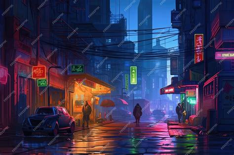 사이버펑크 거리 2d 모바일 게임 배경 Ai가 생성한 사이버펑크 도시 환경 네온 도시 프리미엄 사진