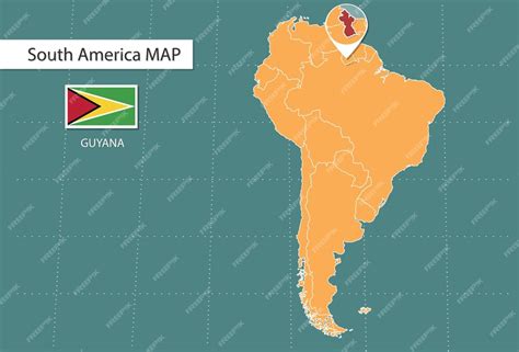 가이아나 위치 및 플래그를 보여주는 미국 줌 버전 아이콘의 가이아나 지도 프리미엄 벡터