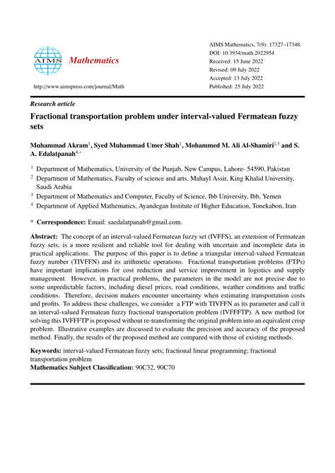 Pdf Fractional Transportation Problem Under Interval Valued Fermatean Fuzzy Sets