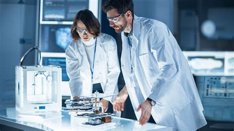 연구 실험실에서 중장비 설계작업 흰색 코트를 입고 산업 과학자 및 엔지니어의 다양한 국제 팀 3d 프린터 컴퓨터 및 현미경을 사용하는 전문가 약에 대한 스톡 사진 및 기타