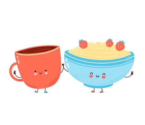 Premium Vector Cute Happy Bowl Of Oatmeal Porridge And Oat Grain Cartoon Character Hand Drawn