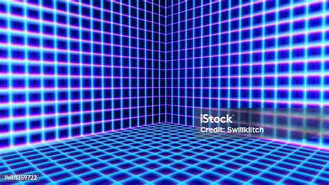신스웨이브 스타일의 80년대 스타일의 레이저 그리드가 있는 네온 룸 코너 와이어프레임 네온 벽이 있는 3d 인테리어 0명에 대한 스톡 벡터 아트 및 기타 이미지 Istock
