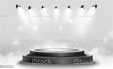 둥근 연단 받침대 또는 플랫폼 배경에 스포트라이트에 의해 조명 벡터 그림입니다 밝은 빛 위에서 빛 광고 장소 1위에 대한 스톡 사진 및 기타 이미지 Istock