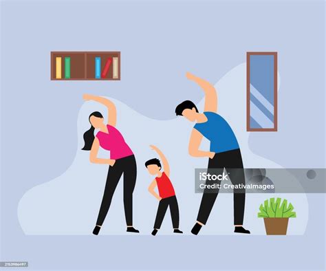 집에서 함께 아침 운동을 하며 시간을 보내는 가족 건강한 라이프 스타일 실내 피트니스 2d 플랫 벡터 일러스트 레이 션 가족에 대한 스톡 벡터 아트 및 기타 이미지 Istock