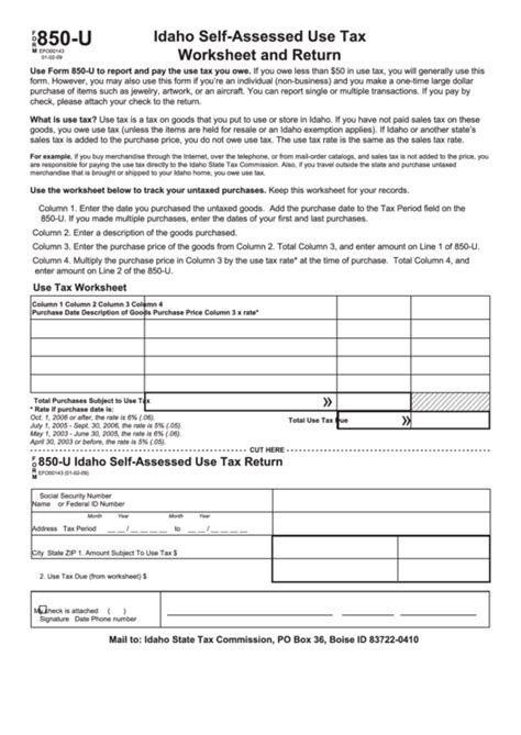 Fillable Form 850 U Self Assessed Use Tax Worksheet And Return