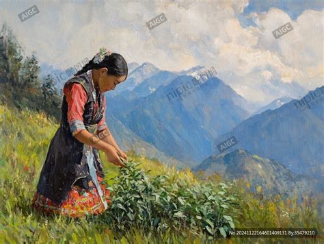 Ai创作图怒族采茶女 采茶女装饰画 采茶女小品 采茶装饰画 采茶的少女 油画民族化 采茶少女图 村姑采摘图 手绘门巴族少女 少数民族妇女劳动 采药的姑娘 山洋姑娘 门巴族少女 劳动油画 山里