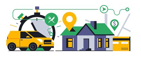 집에 온라인 음식 배달 서비스 택배 차로 패스트 푸드 배달 은행 카드 지불 지도 주소 Gps 경로 스톱워치 벡터 일러스트레이션