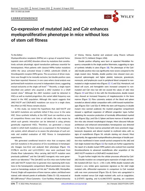 Co‐expression Of Mutated Jak2 And Calr Enhances Myeloproliferative Phenotype In Mice Without