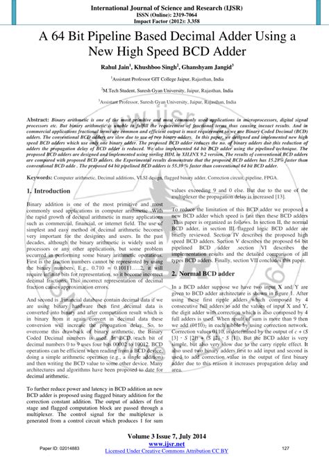 Pdf A 64 Bit Pipeline Based Decimal Adder Using A New High Speed Bcd Adder