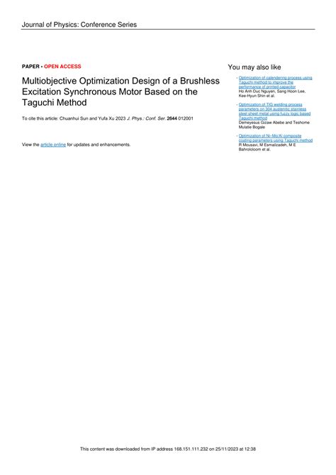 Pdf Multiobjective Optimization Design Of A Brushless Excitation Synchronous Motor Based On
