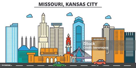 미주리 캔자스 Citycity 스카이 라인 건축 건물 거리 실루엣 풍경 파노라마 랜드마크 아이콘 편집 가능한 스트로크입니다 평면 디자인 라인 벡터 일러스트 레이 션