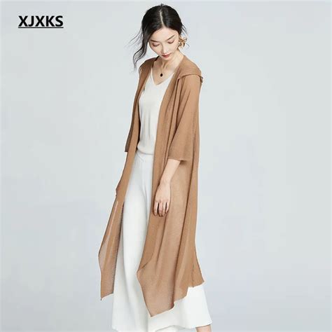 Xjxks 여성용 후드 긴 자외선 차단 의류 2022 봄 여름 가을 루즈 아이스 리넨 니트 카디건 패션 신상