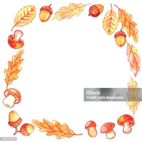 손으로 그린 단풍 버섯 도토리로 만든 사각형 수채화 가을 프레임 해피 가을 국경 인사말 카드 텍스트 추수 감사절 어린이 인쇄배경 0명에 대한 스톡 벡터 아트 및 기타 이미지