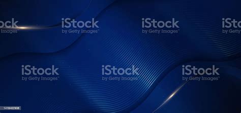 추상 3d 골드 곡선 진한 파란색 리본 진한 파란색 리본 진한 파란색 배경에 조명 효과와 텍스트를위한 복사 공간으로 반짝입니다