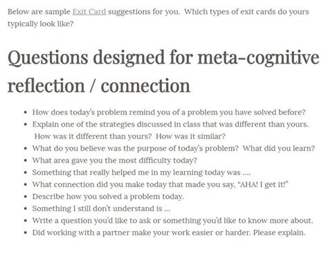 Exit Card Samples Metacognition Math Resources Cards