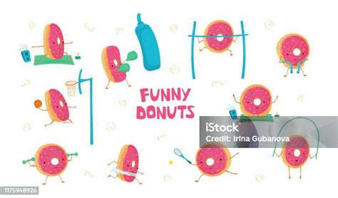 스포츠에서 재미 귀여운 도넛 세트 도넛 명상 농구 테니스 달리기 점프 로프 복싱을 한다 어린이 엽서 포스터 직물 배경 화면용 벡터 일러스트레이션 건강한 생활방식에 대한 스톡