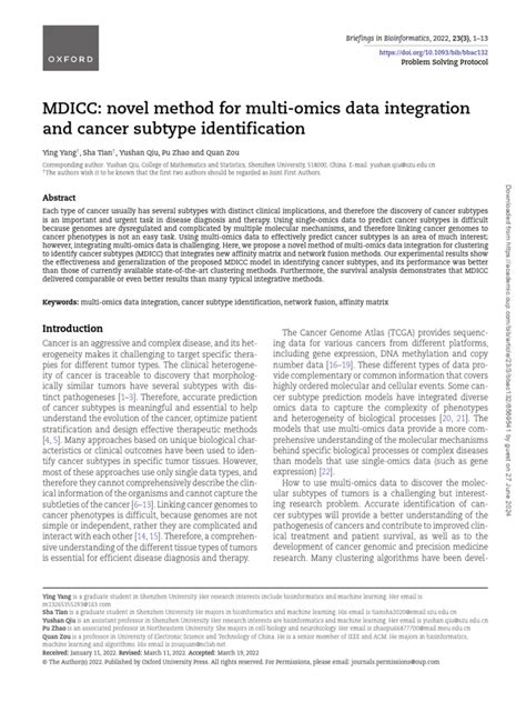 Mdicc Novel Method For Multi Omics Data Integration And Cancer Subt Pdf
