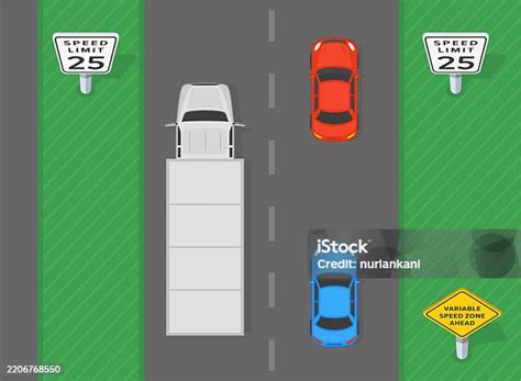 안전 운전 요령 및 교통 규제 규칙 고속도로의 교통 흐름을 보여주는 평면도 전방 가변 속도 구역도로 표지판 영역 벡터 일러스트 템플릿입니다 거리에 대한 스톡 벡터 아트 및