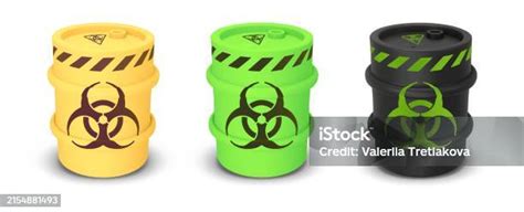 둥근 금속 드럼을 설정합니다 3d 렌더링 벡터 그림 백색에 고립되어 있습니다 유독성 방사성 폐기물 통 위험한 화학 액체 가연성 가스 독소 방사선 생물학적 위험 3차원 형태에