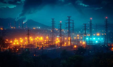 Electrical Substations And High Voltage Towers In The Background Of