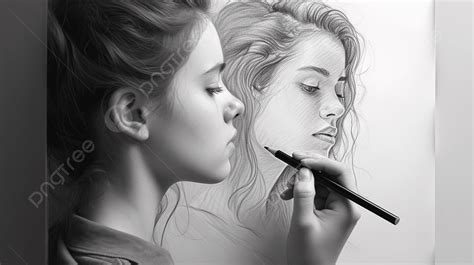 한 사람이 그녀를 스케치하는 연필 연필로 여자 얼굴을 그립니다 그림의 사진 배경 일러스트 및 사진 무료 다운로드 Pngtree