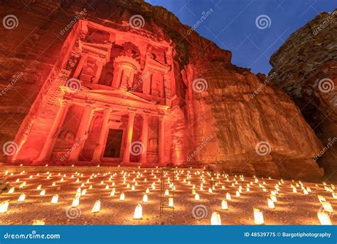 Petra By Night Tour Featuring Illuminated Al Khazneh Tomb Also Called Treasury At Petra Jordan