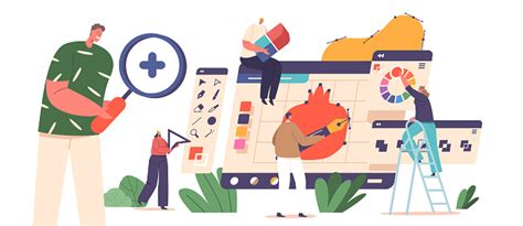 그래픽 디자인 창조적인 직업 개념은 작은 남성과 여성 디자이너 캐릭터가 거대한 컴퓨터에 그림을 그린다 개념에 대한 스톡 벡터 아트 및 기타 이미지 Istock