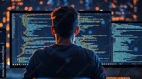 Programmers Focus A Young Programmer Intensely Focused On Multiple Computer Screens Displaying