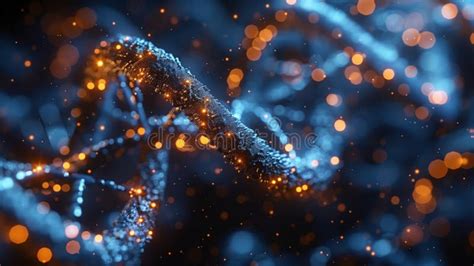 Glowing Dna Strand In Close Up Against Dark Blue Background Stock Image