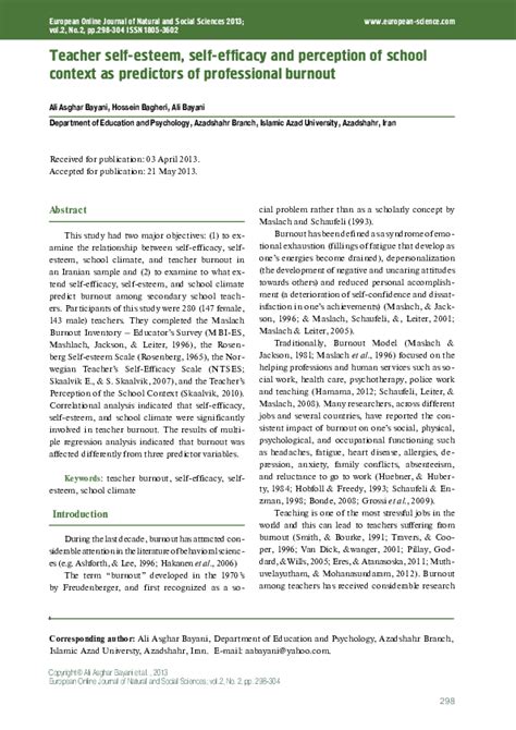 Pdf Teacher Self Esteem Self Efficacy And Perception Of School Context As Predictors Of