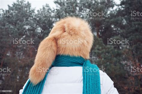 폭스 모피 겨울 모자와 파란색 니트 스카프와 흰색 재킷 눈 덮인 숲에서 나무를 관찰 하는 겨울에 여자 뒤에서 보기 겨울에 대한 스톡 사진 및 기타 이미지 Istock