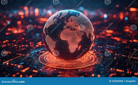 Futuristic Digital Globe With Glowing Red Continents Symbolizing Global Data Networks Stock