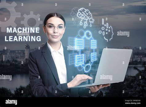 Woman Using Laptop With Linked Icons And Cityscape On Background