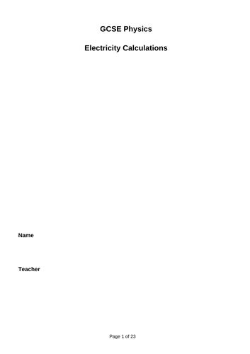 Physics Electricity Calculation Questions Teaching Resources