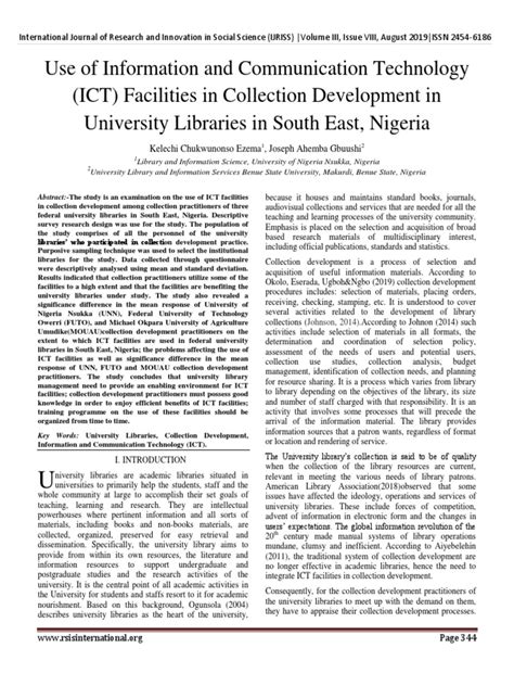 Use Of Information And Communication Technology Ict Facilities In Collection Development In