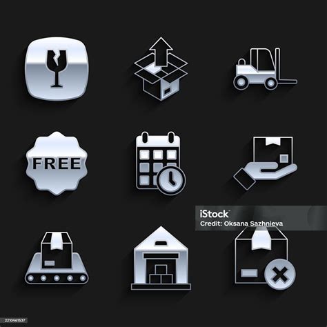 달력 창고 판지 골판지 배달 손 컨베이어 벨트 쌀 태그 무료 지게차 및 깨지기 쉬운 깨진 유리 아이콘과 골판지 상자를 설정합니다 벡터 건축하기에 대한 스톡 벡터 아트 및