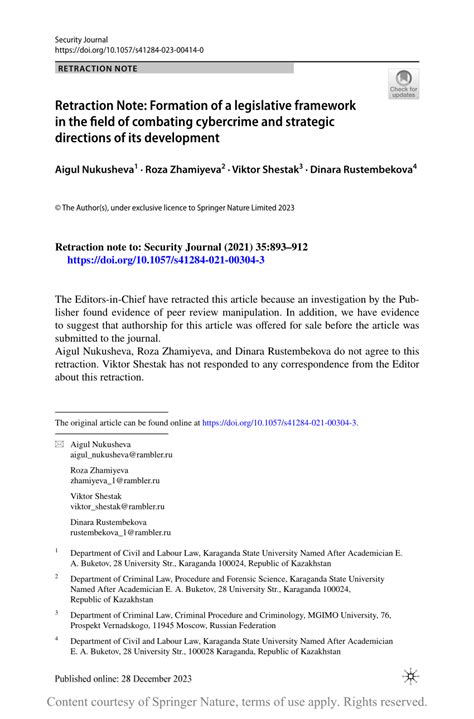 Retraction Note Formation Of A Legislative Framework In The Field Of