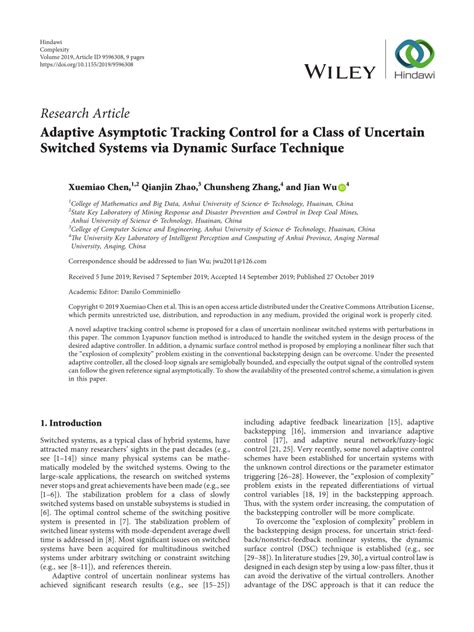 Pdf Adaptive Asymptotic Tracking Control For A Class Of Uncertain Switched Systems Via Dynamic