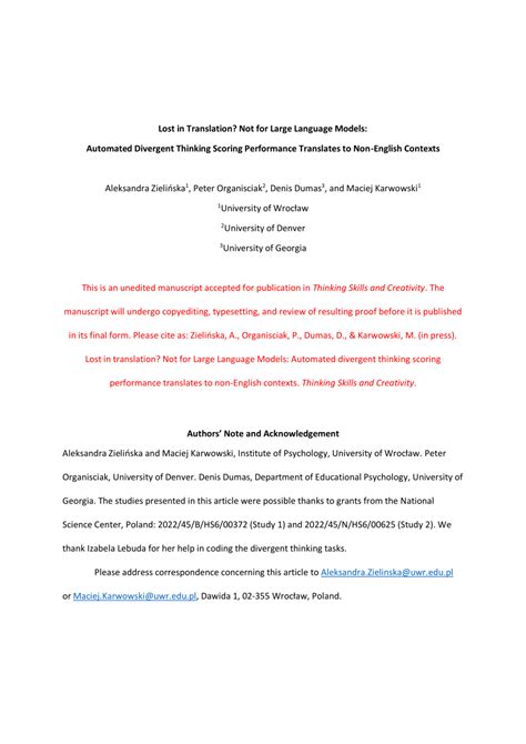 Pdf Lost In Translation Not For Large Language Models Automated Divergent Thinking Scoring