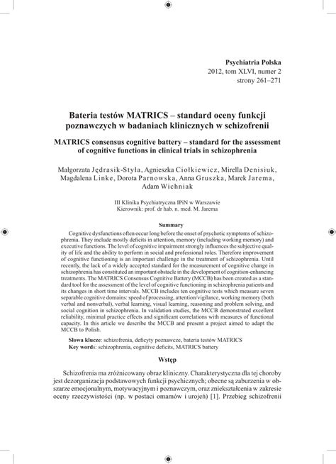 Pdf Matrics Consensus Cognitive Battery Standard For The Assessment Of Cognitive Functions