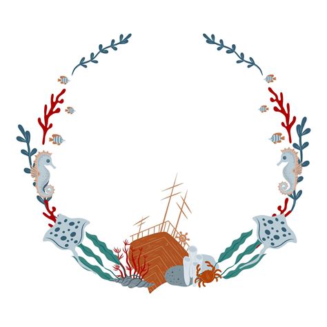 Circle Template With Sea Elements Ship Stingray Fish Seahorse