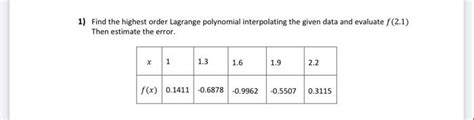 solved 1 find the highest order lagrange polynomial