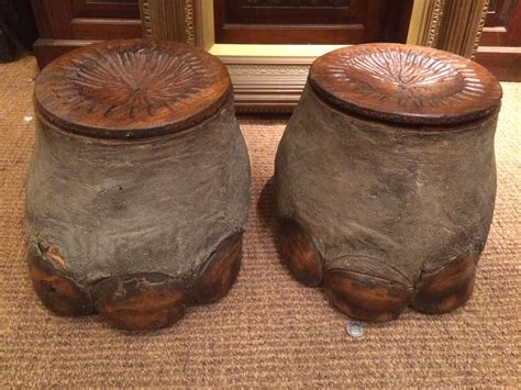 Matching Pair 19thc Elephant Foot Stools With Hinged Lids Likely