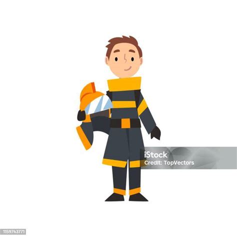소년 소방관 캐릭터 유니폼 아이 꿈꾸는 미래의 직업 벡터 일러스트 교육에 대한 스톡 벡터 아트 및 기타 이미지 교육 구조 귀여운 Istock