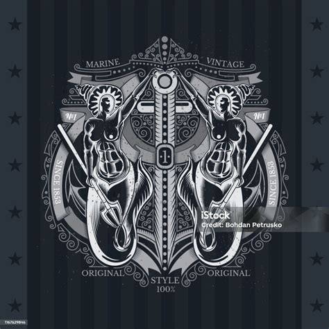 삼지창이 있는 두 명의 인어는 리본과 선 패턴으로 앵커를 잡습니다 칠판에 해양 스타일 배경 검은색에 대한 스톡 벡터 아트 및 기타 이미지 Istock