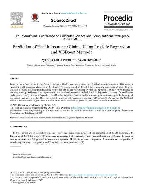 Pdf Prediction Of Health Insurance Claims Using Logistic Regression And Xgboost Methods